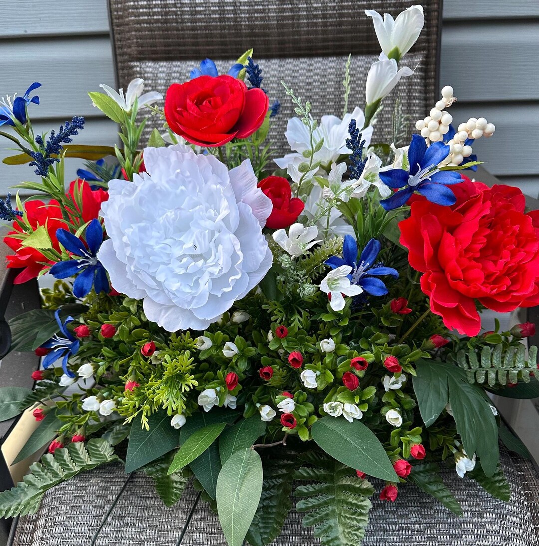Grave Topper With Red White and Blue Florals. Patriotic Headstone ...