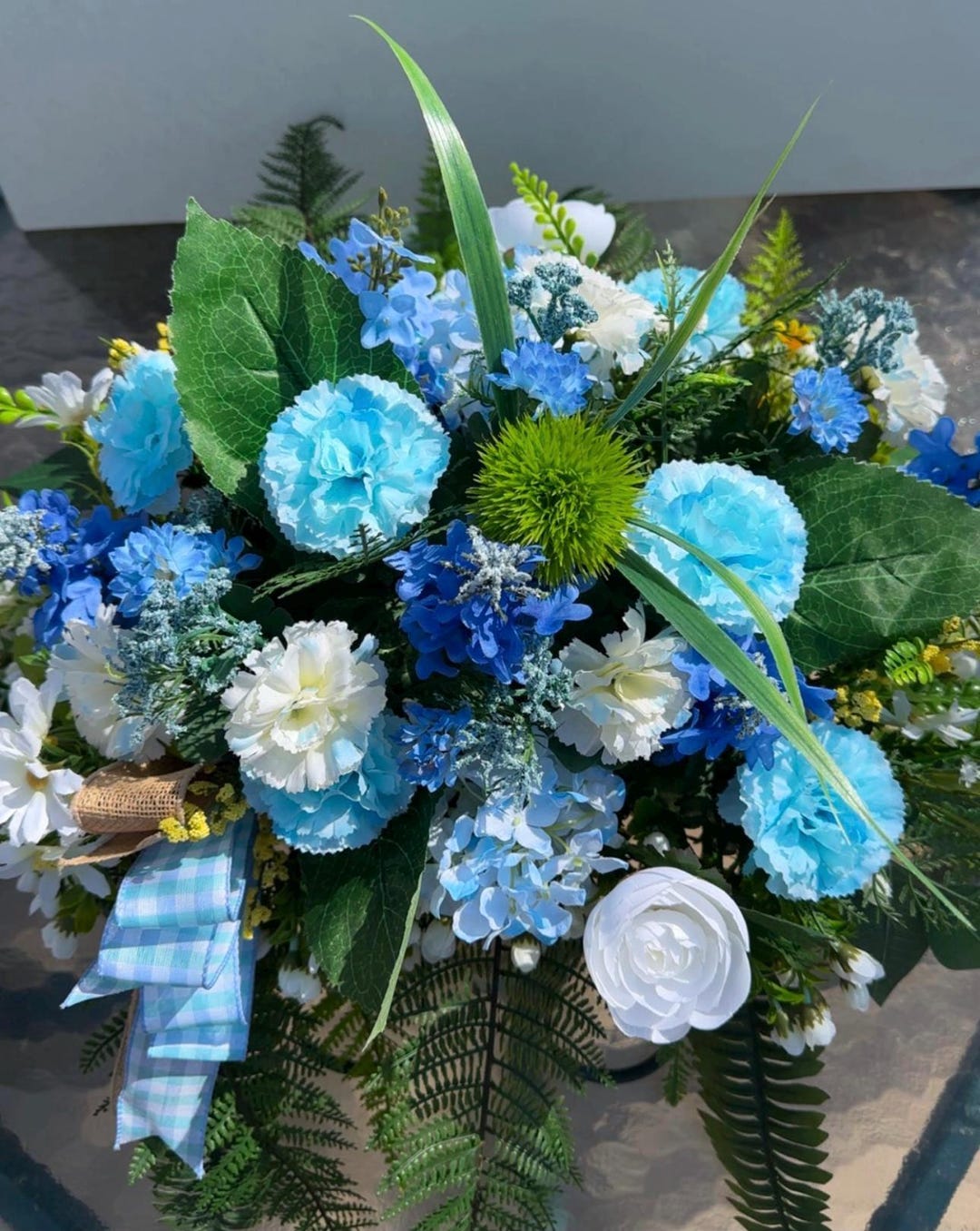 Grave Saddle Florals. Blue, Yellow and White Floral Headstone Topper ...