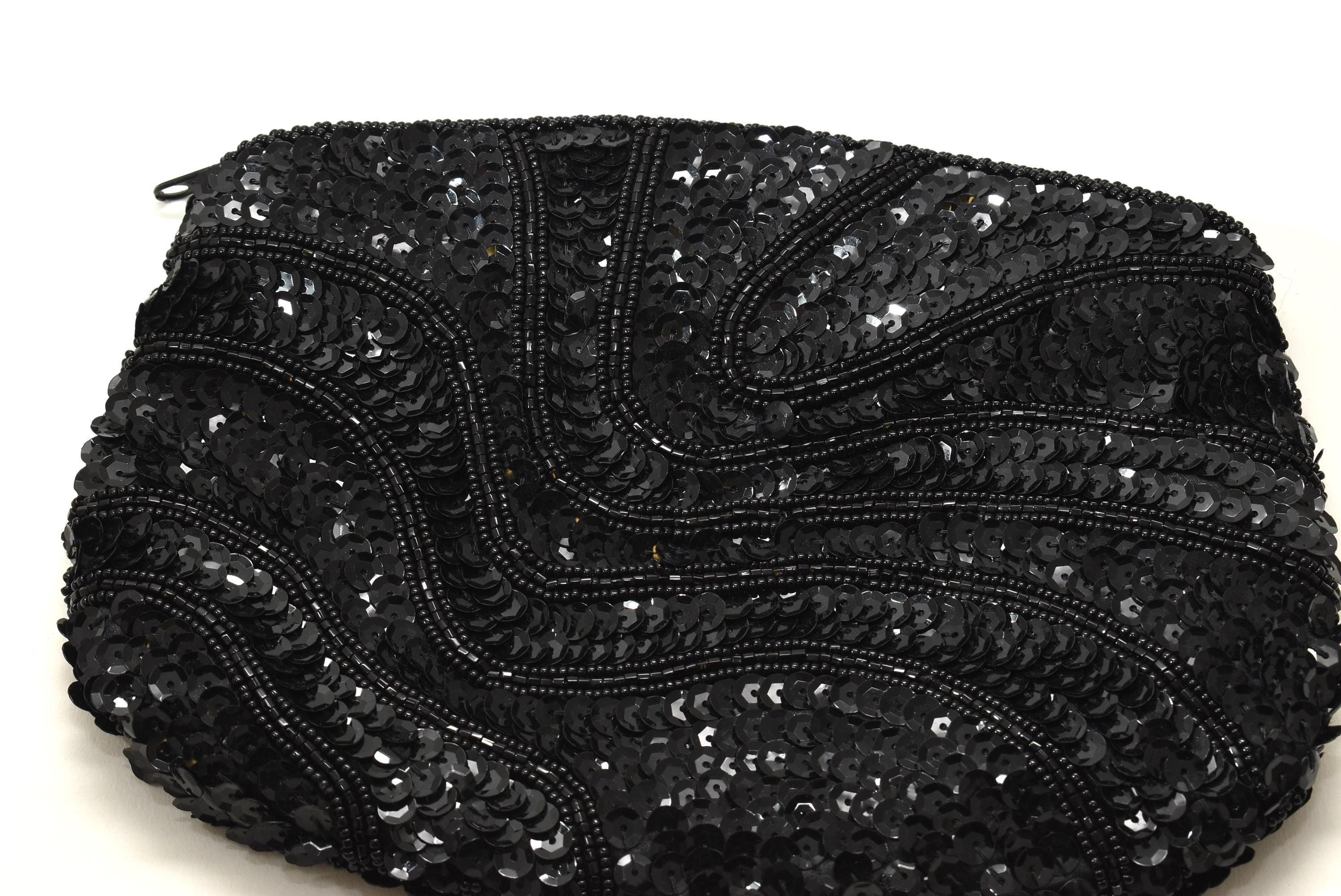 Vintage Black Seed Bead + Sequin Purse, Clutch Coin Purse, Vintage ...