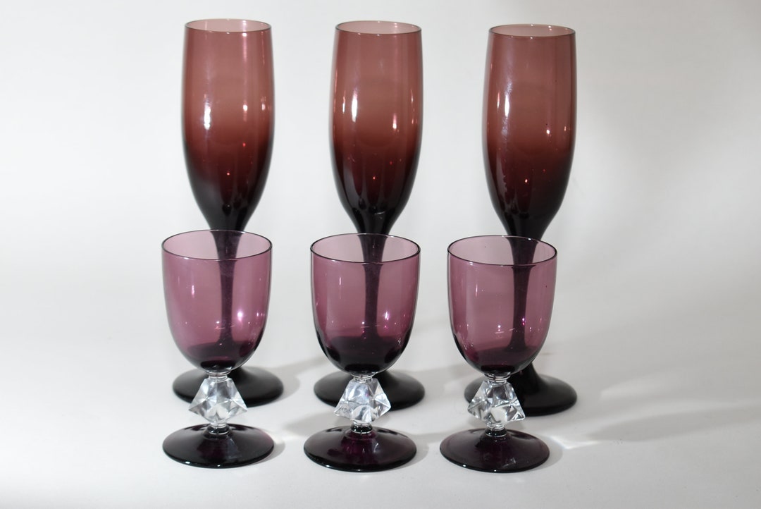 5 Purple Glasses Mixed Size, Small Goblets, Champagne Flutes, Stemware ...