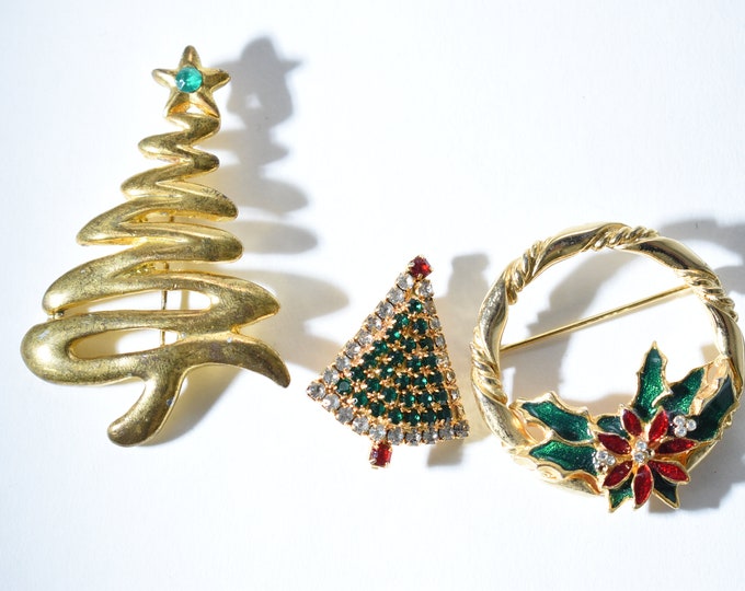 Holiday Brooches, Christmas Tree Pins, Vintage Holiday Pin Set ...