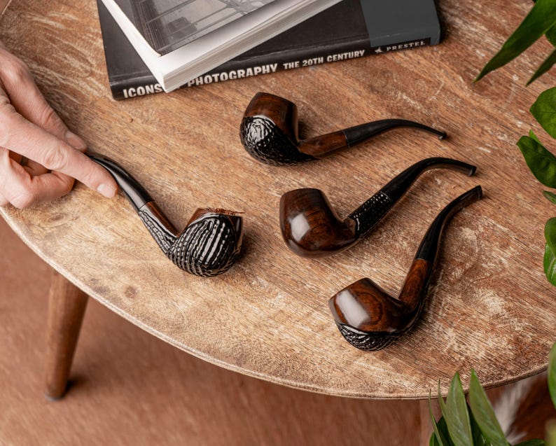 Carved Smoking Pipe With Textured Acrylic Stem, Handmade Wooden Tobacco ...