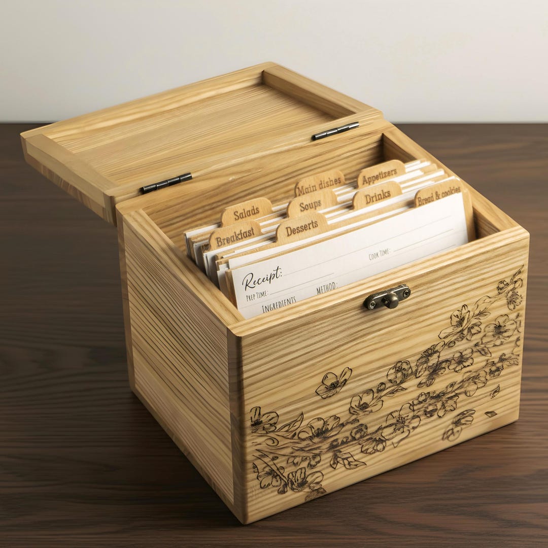 Wooden Recipe Box With Dividers, Recipe Card Organizer, Recipe Card ...