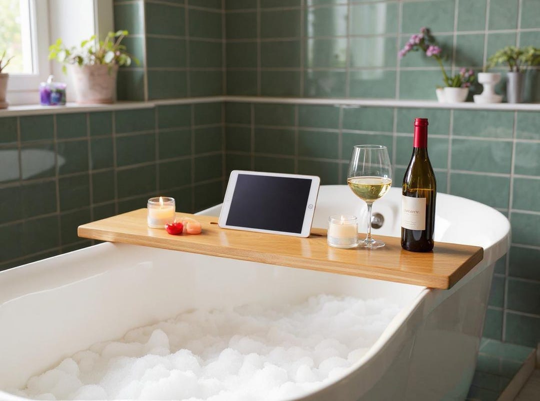 Minimalist Walnut Bath Caddy, Wooden Bathtub Tray With Tablet Holder ...