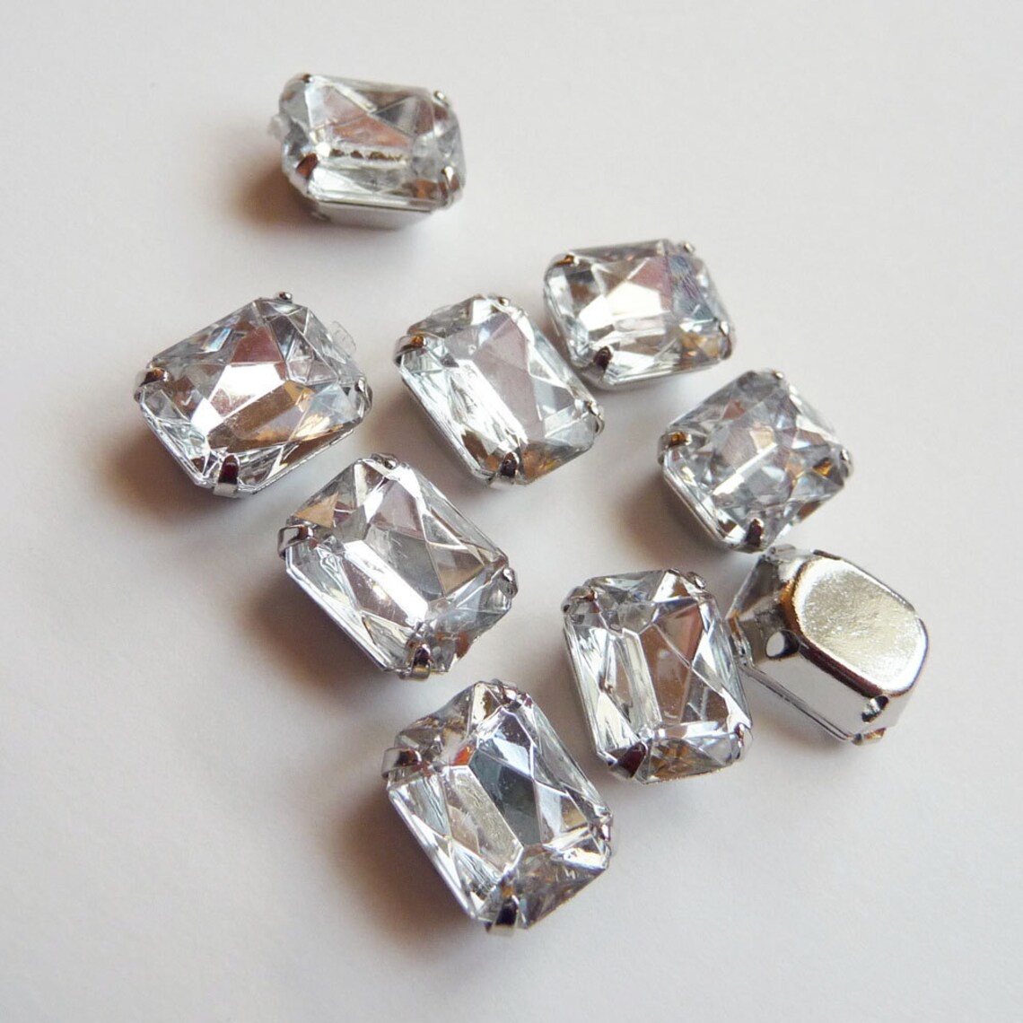 10 Pcs of 8mm X 10mmfaceted Rectangle Sew on Clear Rhinestones W/metal ...