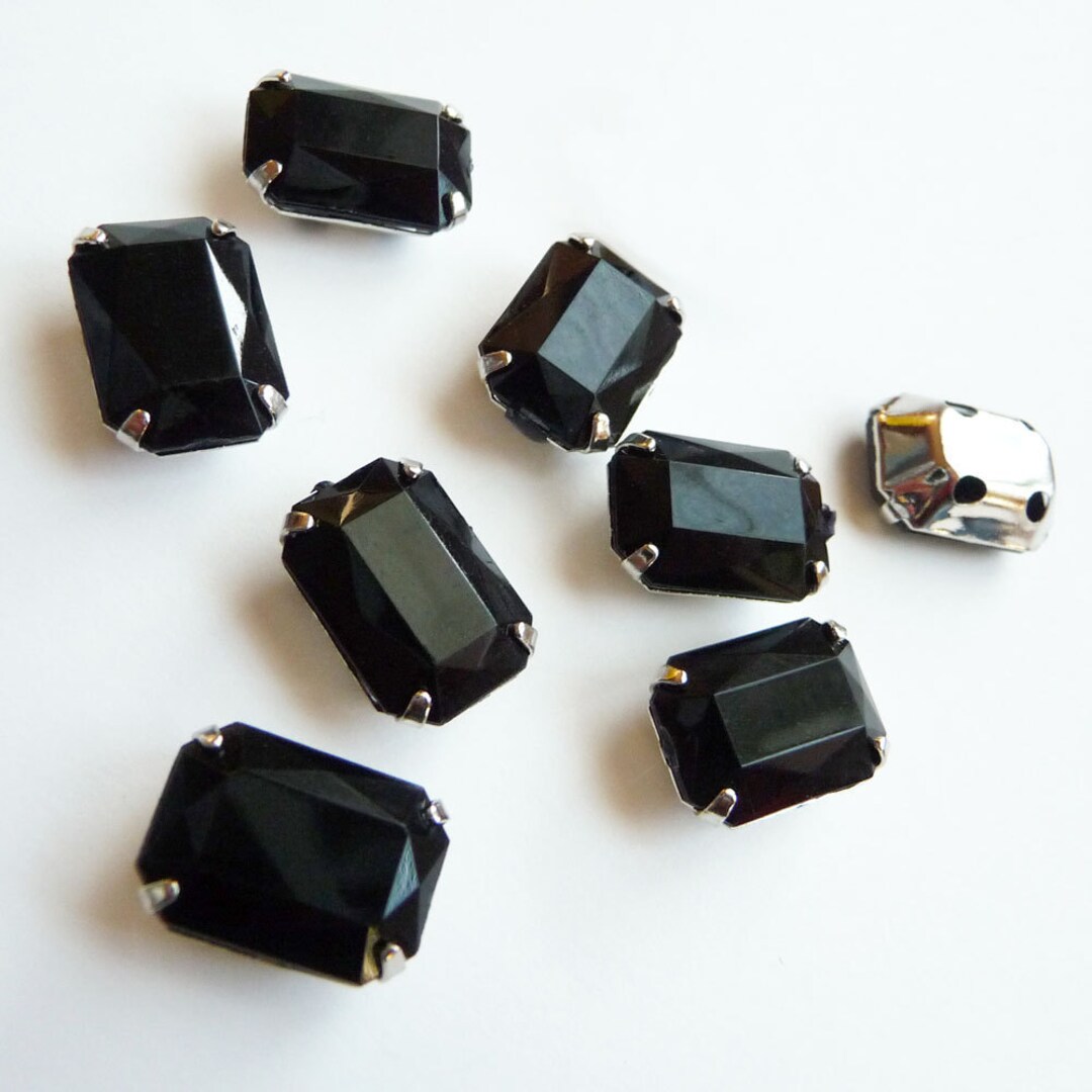 20 Pcs of 10mm X 14mm Faceted Rectangle Sew on Black Rhinestone W/metal ...
