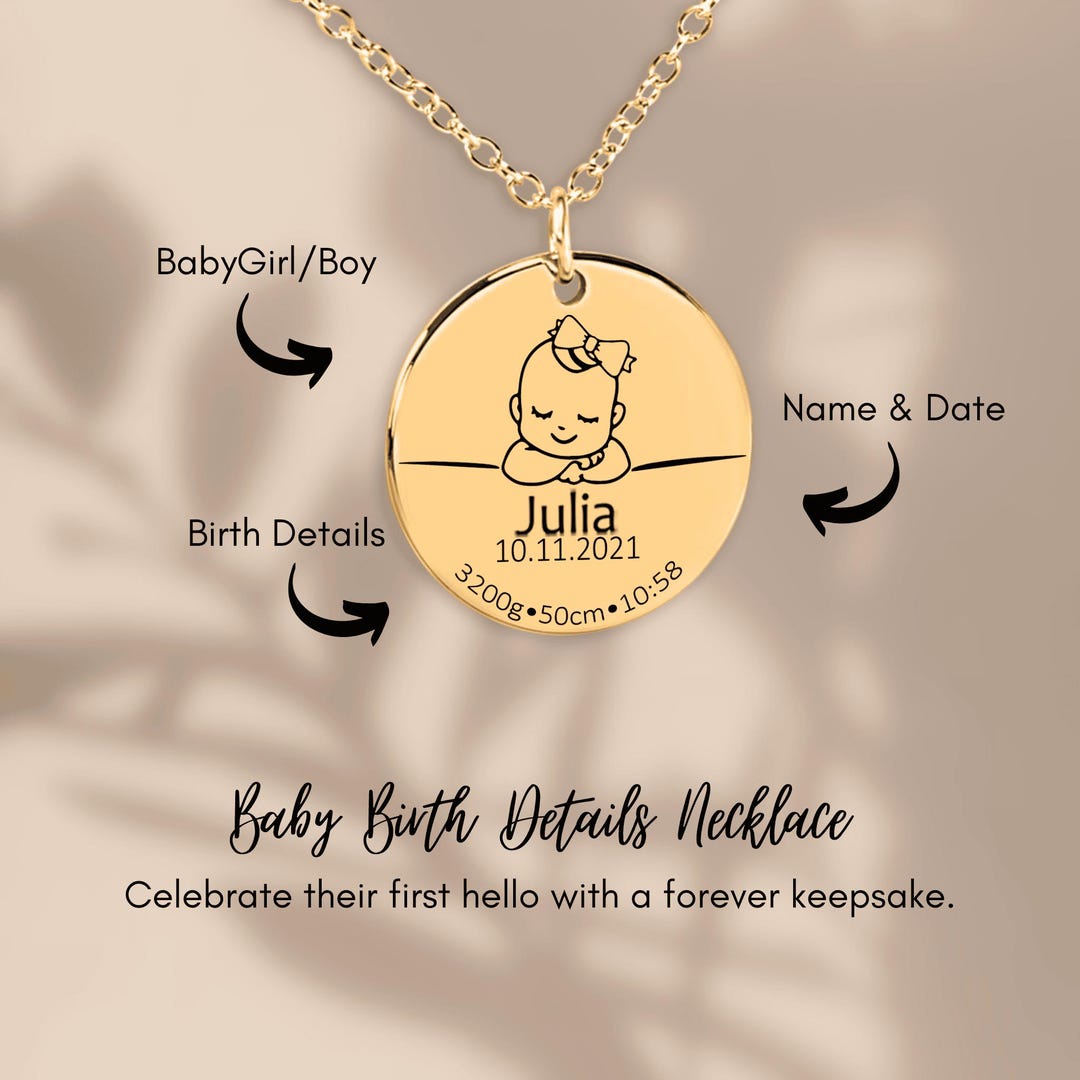 Personalized Baby Birth Necklace – Custom Name & Date Pendant, New Mom ...