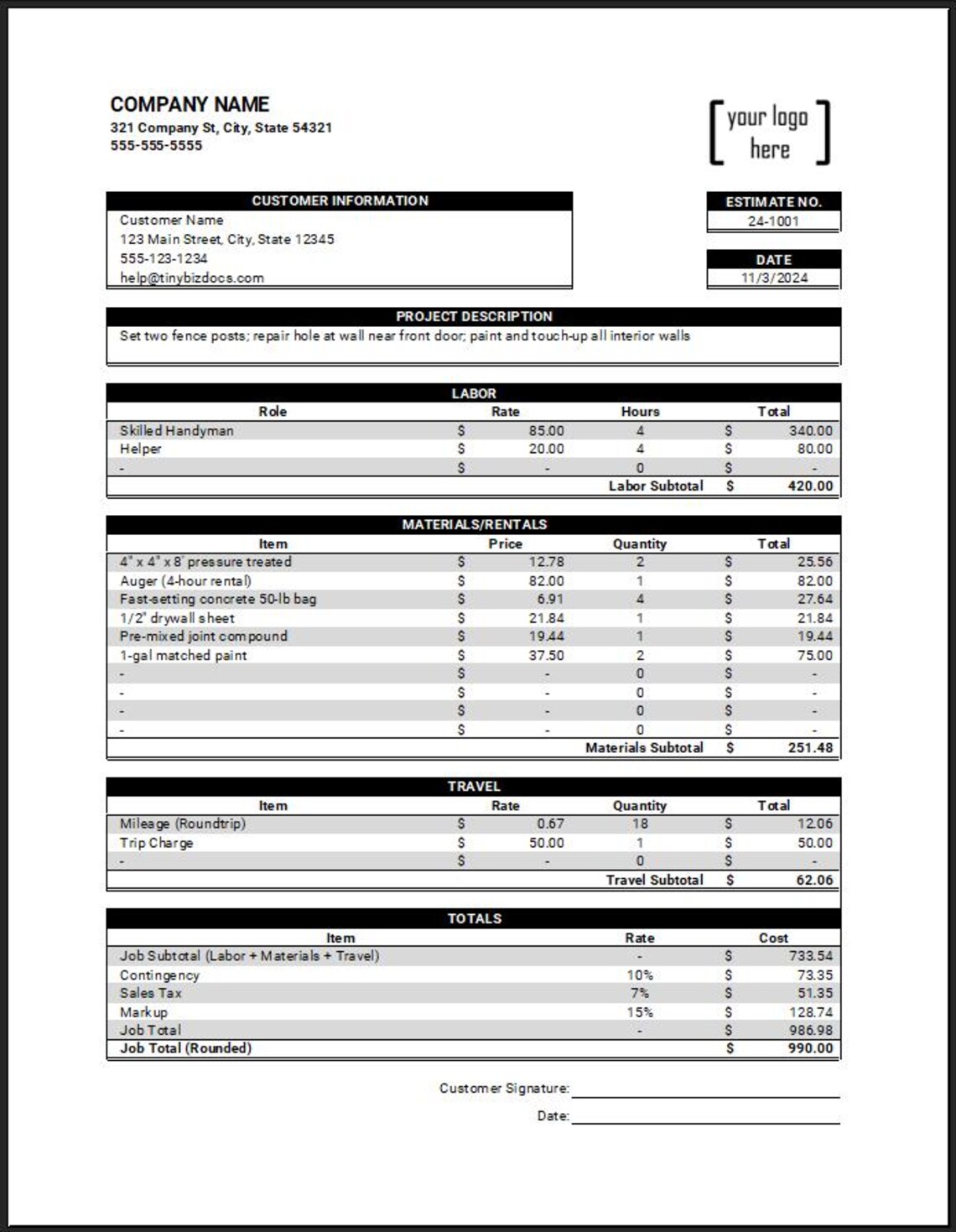 Service Estimate Excel Template - Customizable Fee Calculator ...