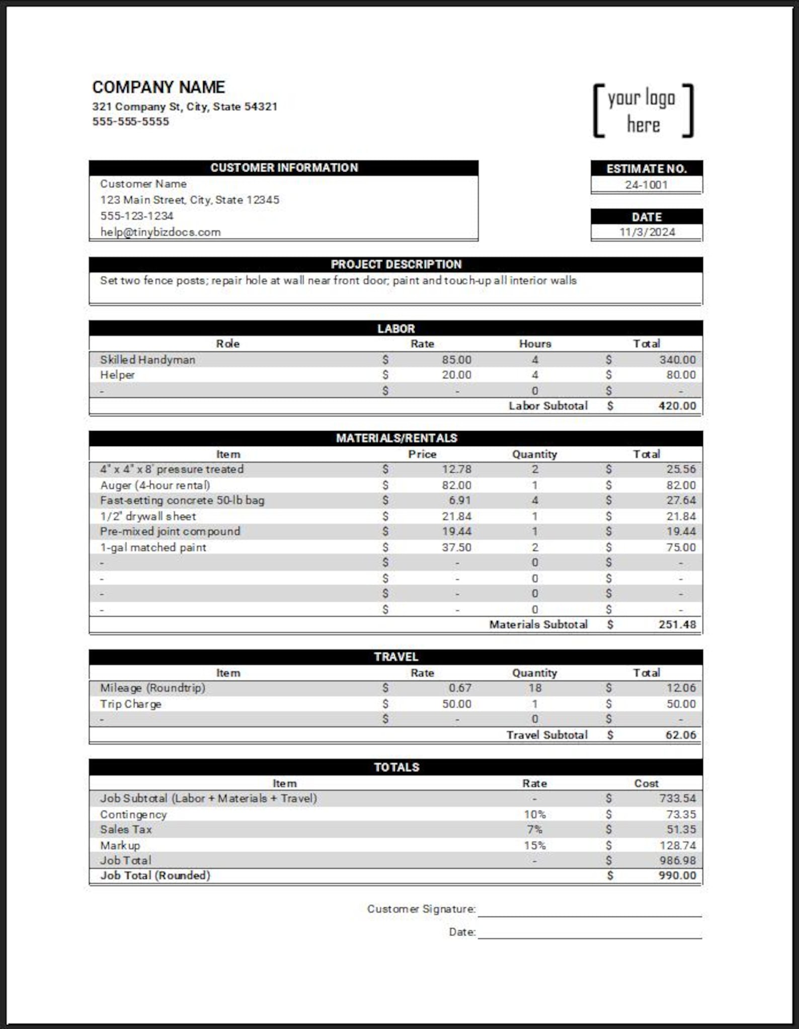 Service Estimate Excel Template - Customizable Fee Calculator ...