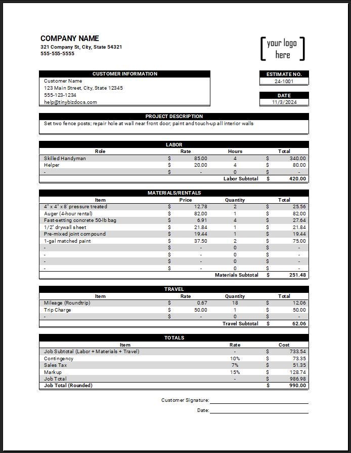 Service Estimate Excel Template - Customizable Fee Calculator ...