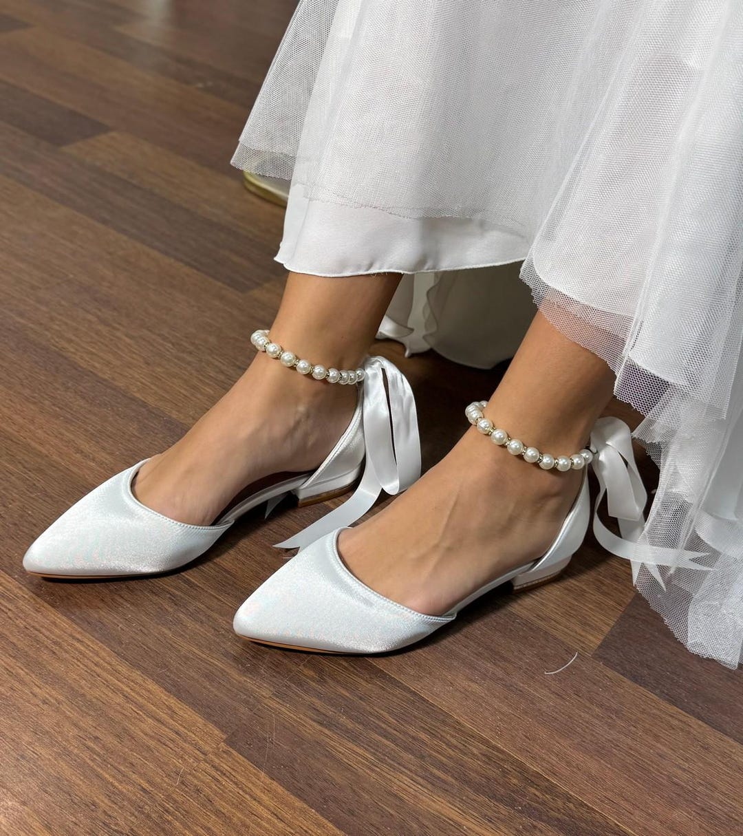 Elegant Satin Wedding Flats With Two Pearl Straps – Perfect Bridal ...