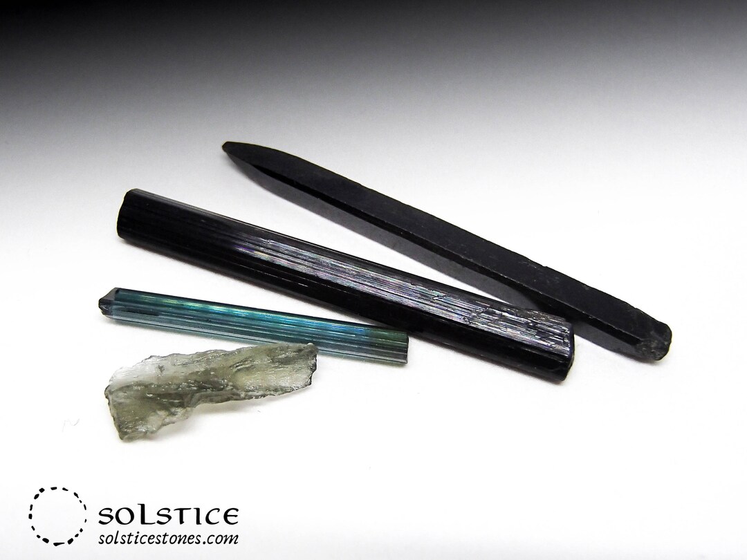 Set of 4 Raw MOLDAVITE, Blue Indicolite, Schorl & Aegirine Crystals ...