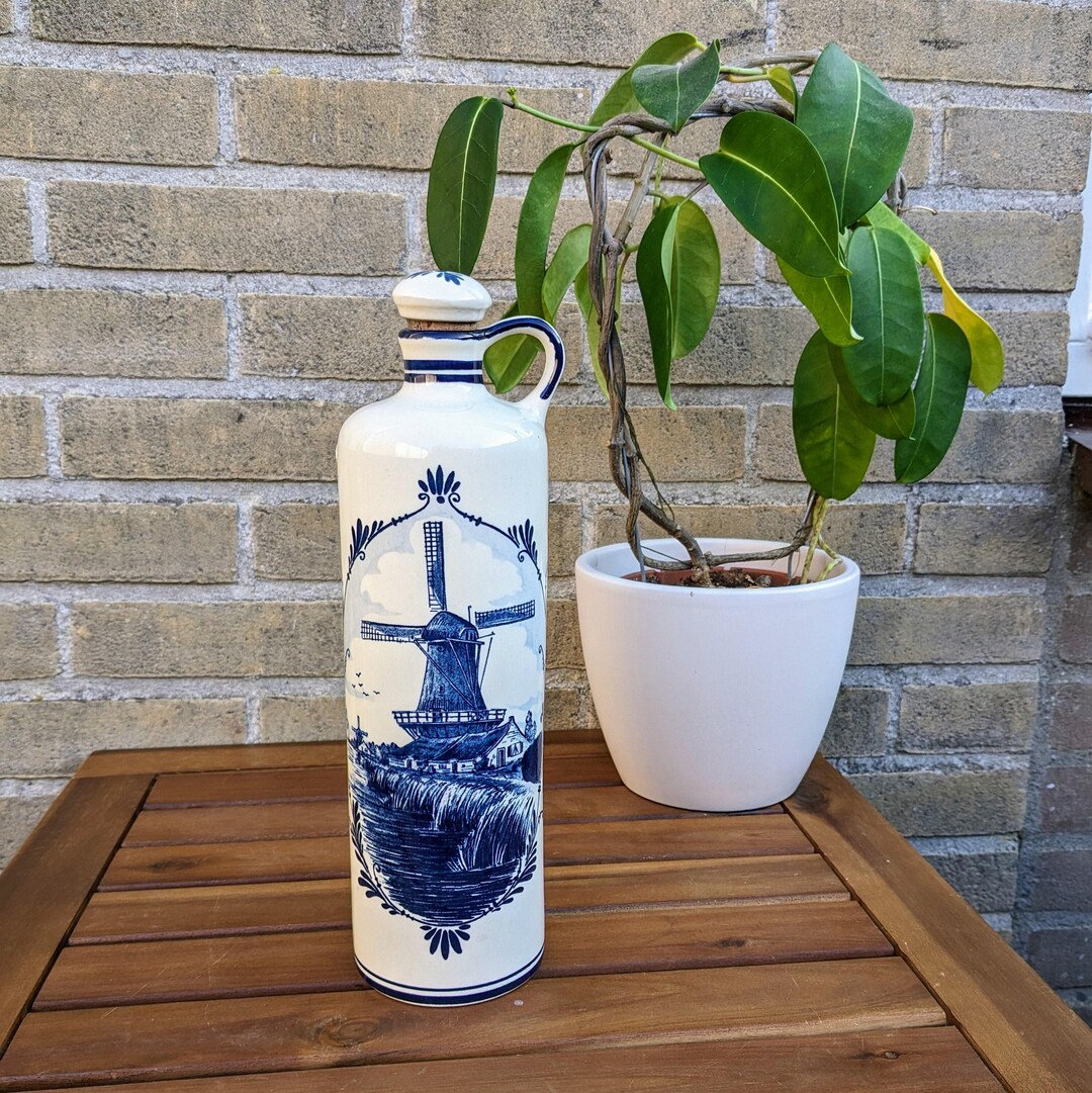 Delft Blue Ceramic Bottle – Windmill Motif, Cork Stopper - Etsy
