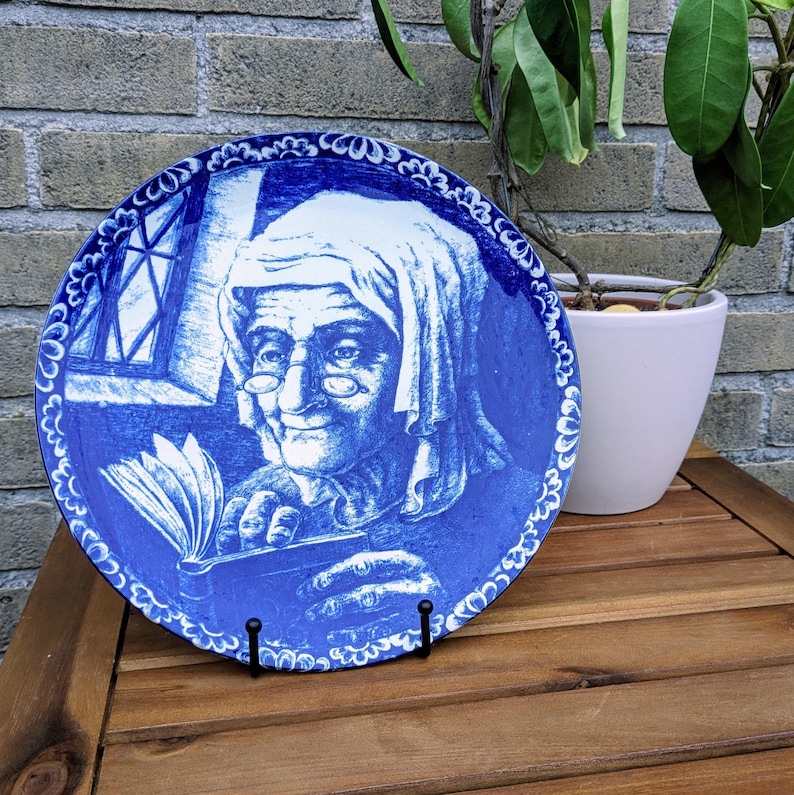 Vintage Delft Blue Plate – Dutch Old Lady Reading, Boch Belgium (12"/25 ...