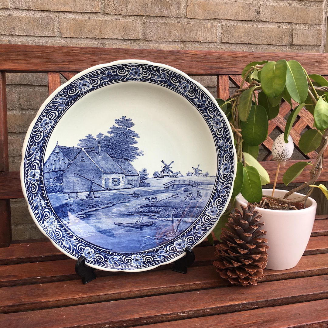 BEAUTIFUL Vintage Delft Blue Plate - Dutch Lanscape With Windmill, Farm ...
