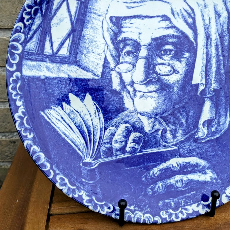 Vintage Delft Blue Plate – Dutch Old Lady Reading, Boch Belgium (12"/25 ...