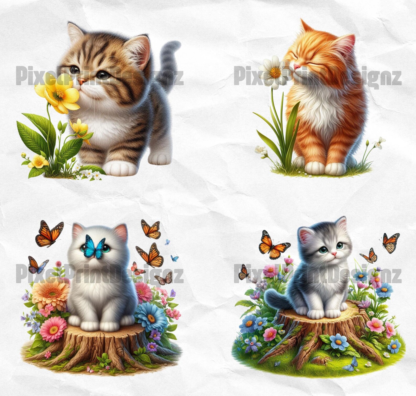 Cute Cat Spring Clipart Bundle Kitten Cute Flower Clipart Spring Cat ...