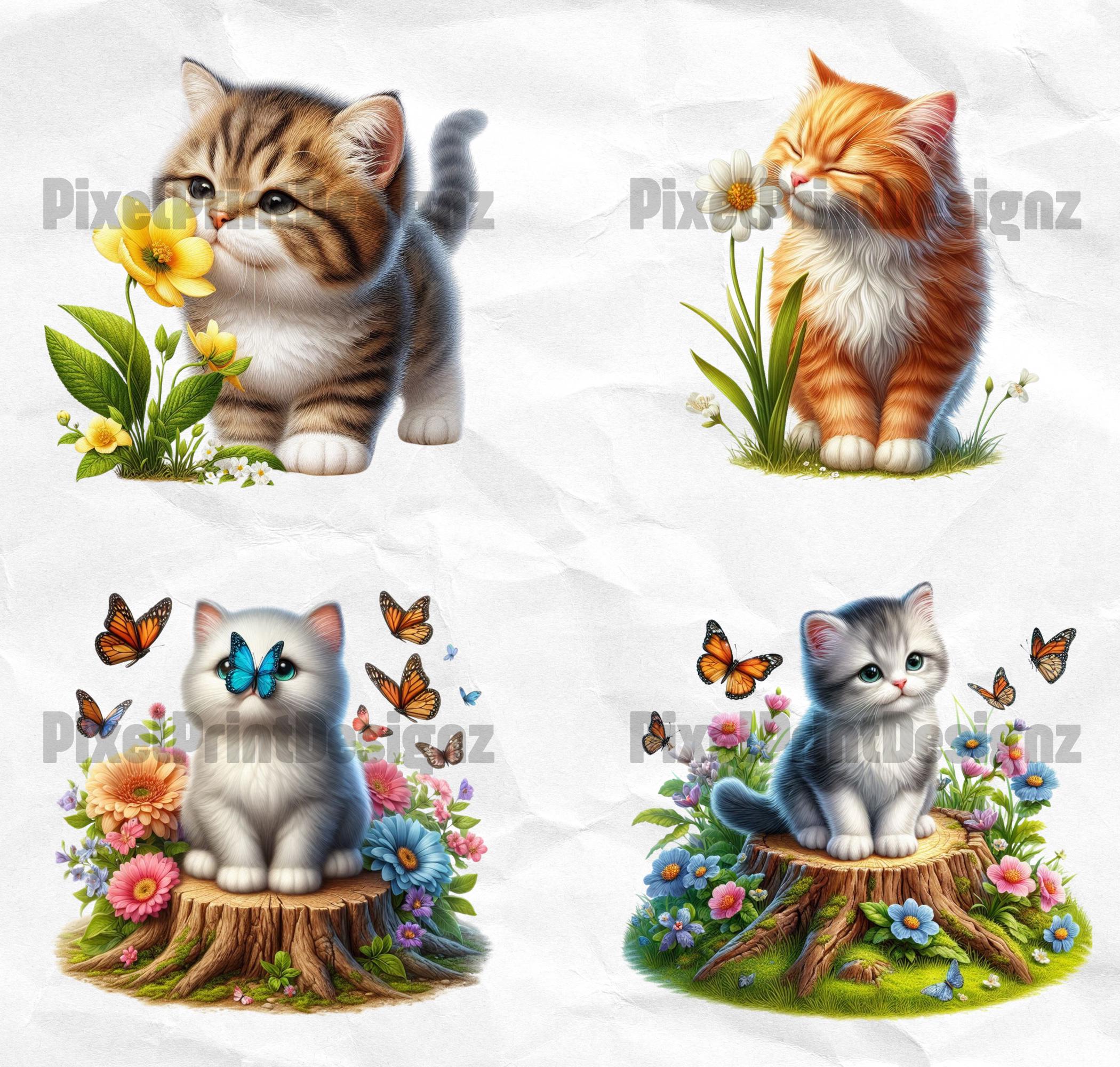 Cute Cat Spring Clipart Bundle Kitten Cute Flower Clipart Spring Cat ...