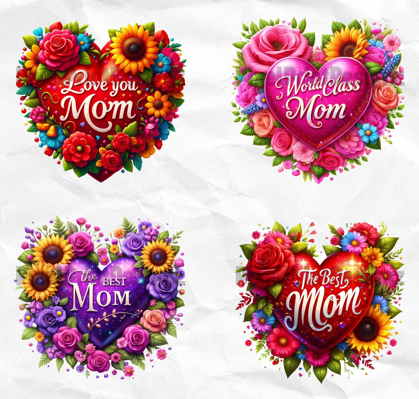 Mothers Day Heart Clipart Bundle, Love You Mom Glittery Graphic, 300 ...