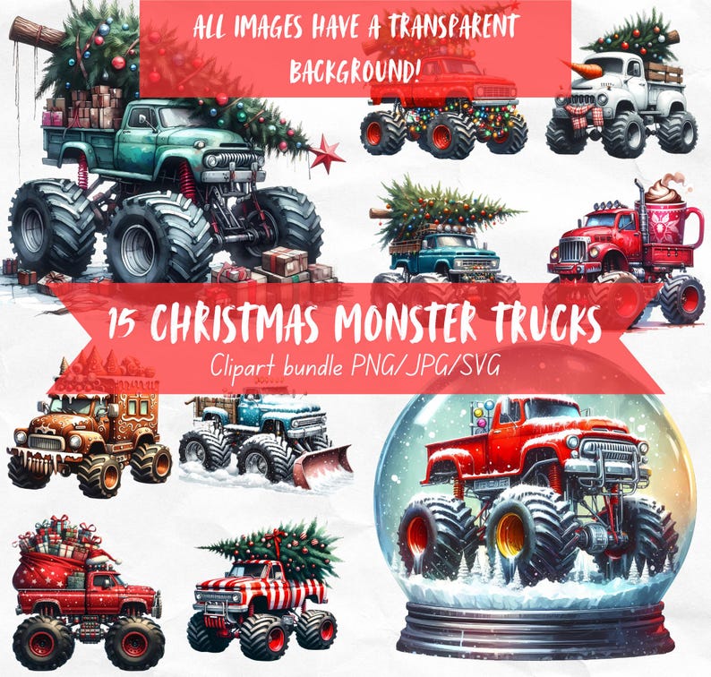 Christmas Monster Trucks Clip Art Bundle, Watercolor Images ...