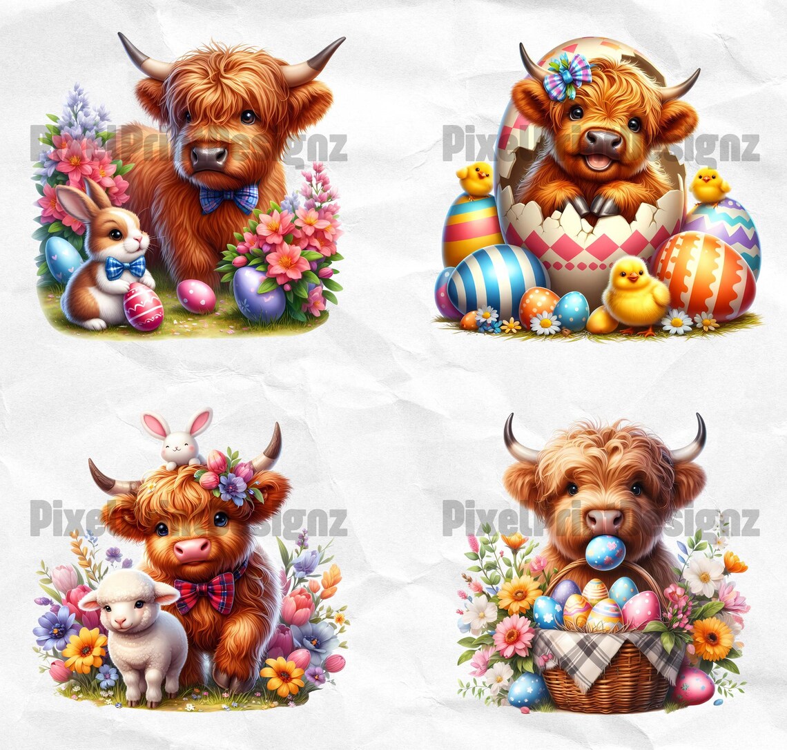 Highland Cow Easter Clipart Animal Cute Easter Clipart Watercolor ...