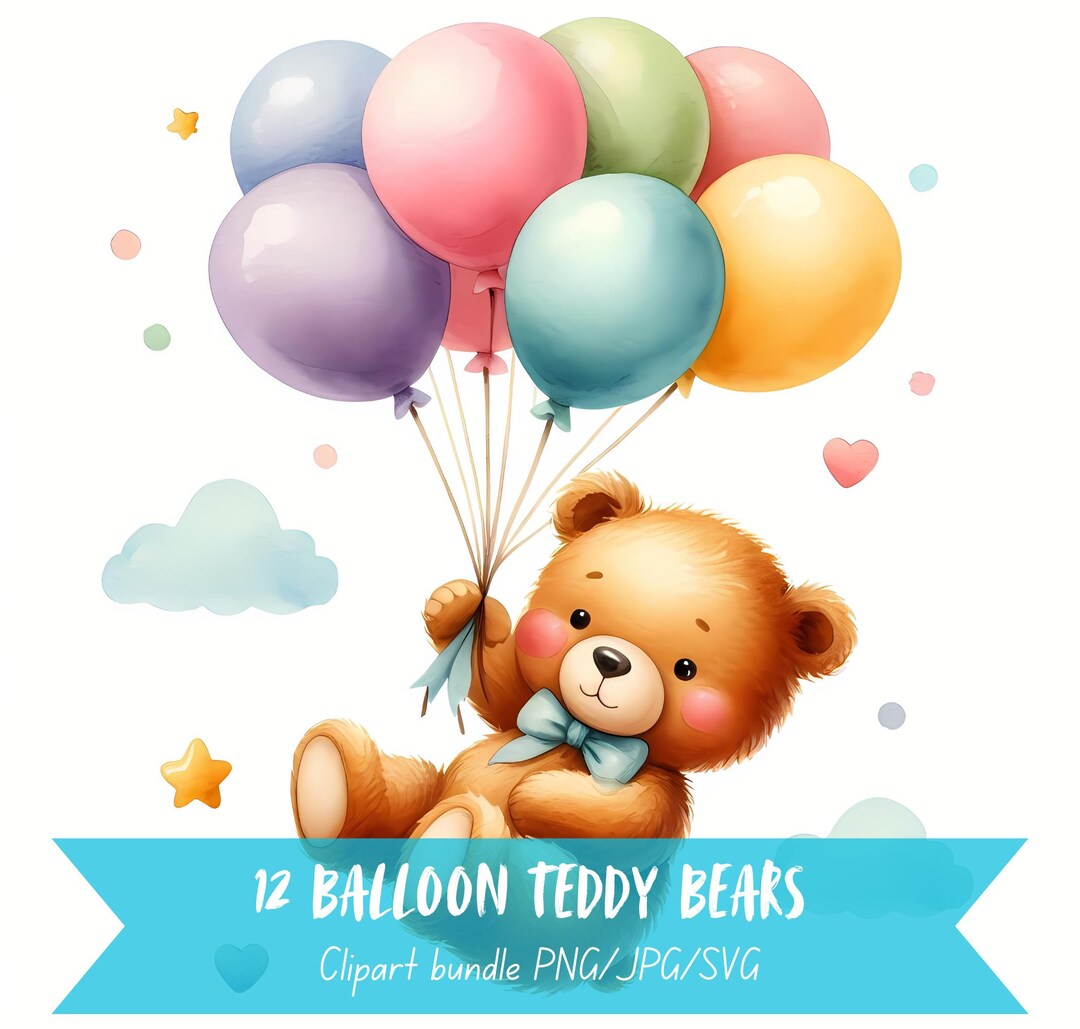Cute Balloon Teddy Bear Clipart Bundle Nursery Teddybear Clipart Cute ...