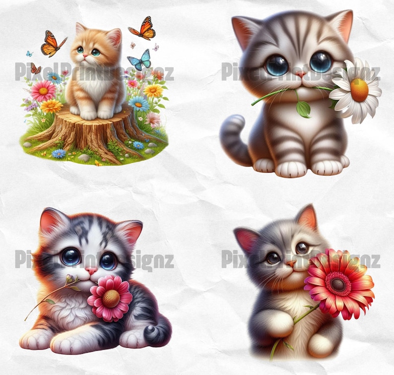 Cute Cat Spring Clipart Bundle Kitten Cute Flower Clipart Spring Cat ...