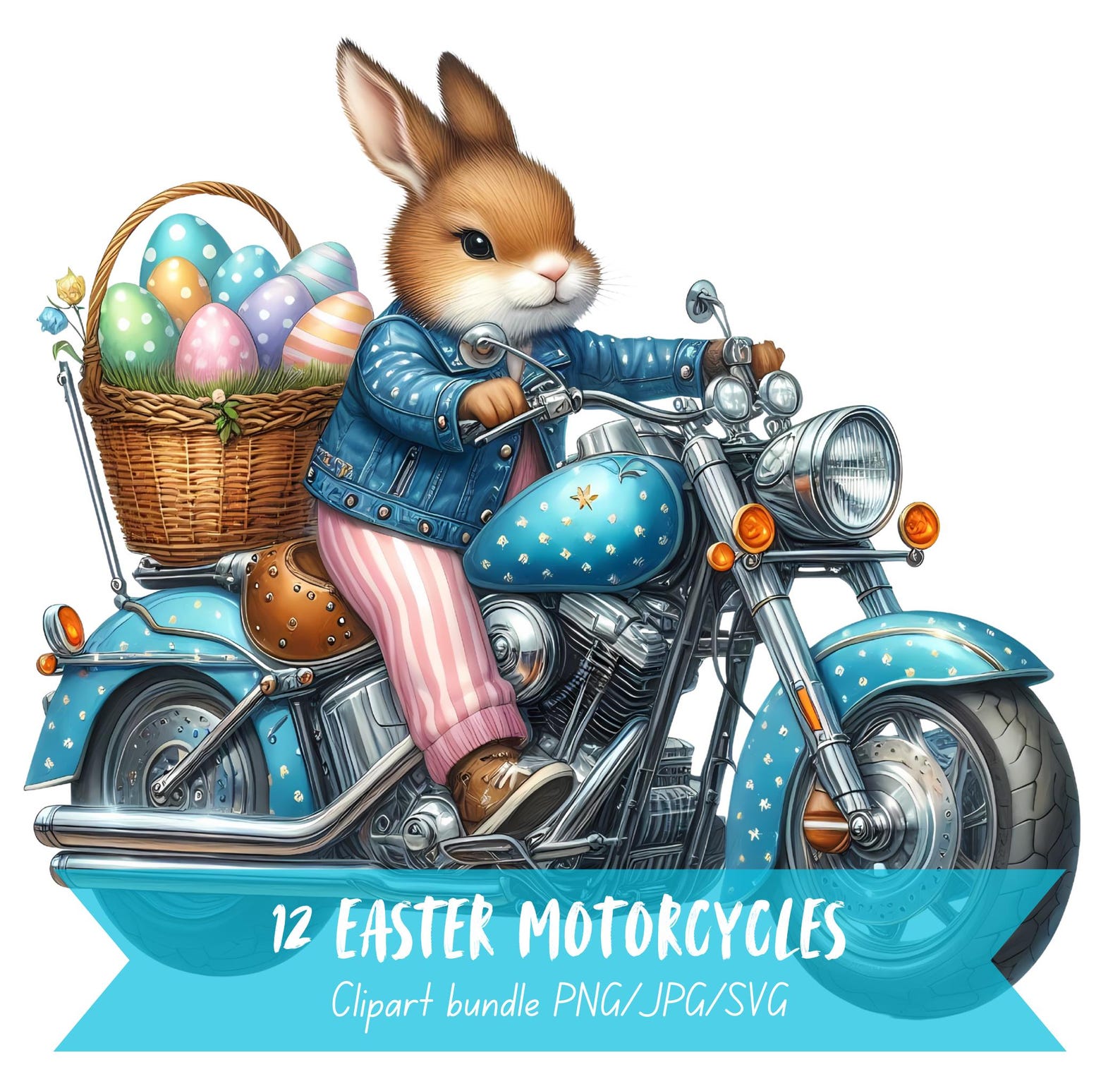 Easter Motorcycle Clipart Bundle, Easter Bunny Biker Graphics, Easter ...