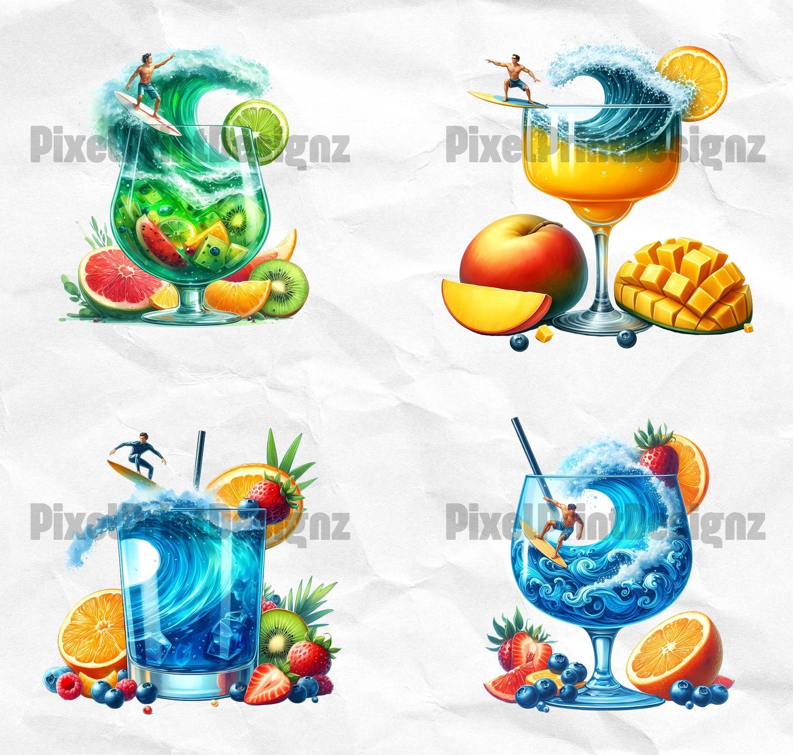 Surfing Summer Cocktails Clipart Bundle, Watercolor Drinks Graphic ...