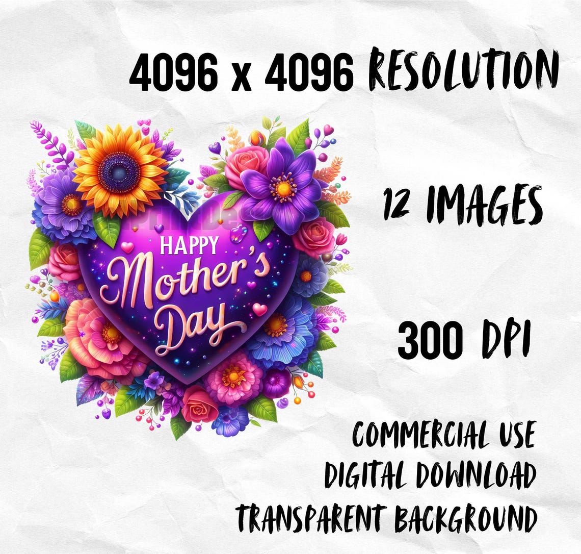 Mothers Day Heart Clipart Bundle, Love You Mom Glittery Graphic, 300 ...