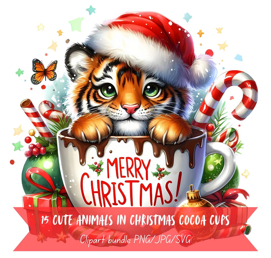 Cute Animals in Christmas Cocoa Cups Clipart Bundle, Watercolor Images ...