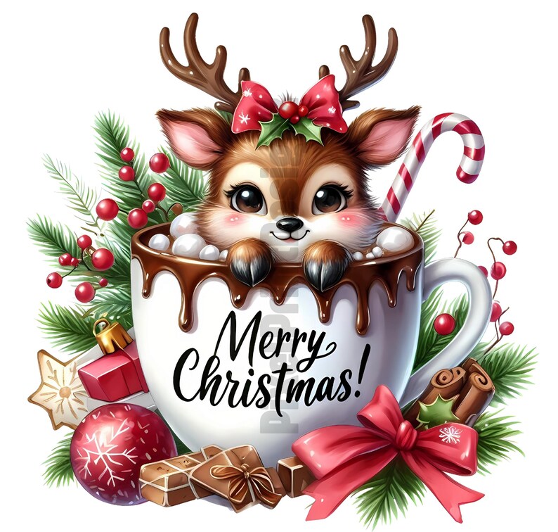 Cute Christmas Animals in Cocoa Cups Clipart Bundle, Watercolor Images ...