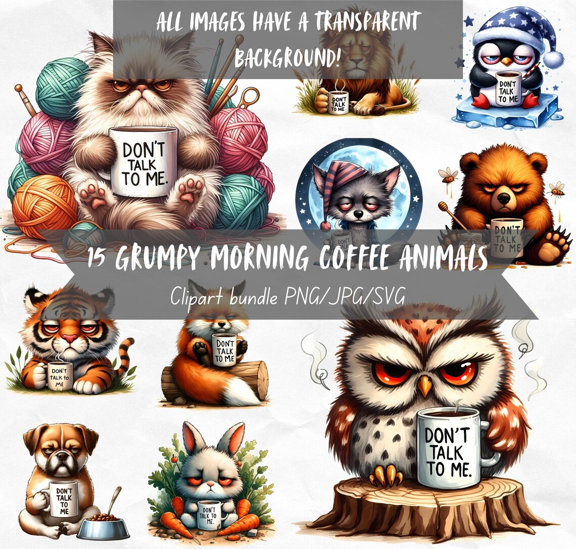 Relatable Morning Clipart Animal Grumpy Graphic Funny Office Clipart ...