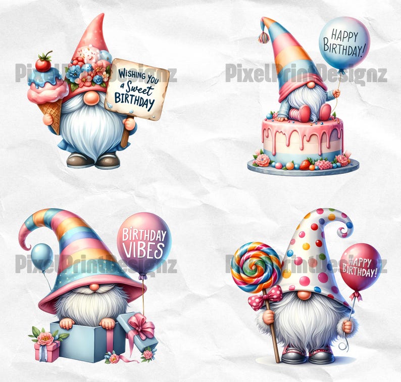 Watercolor Cute Gnome Clipart Bundle, Kids Birthday Balloon Pastel ...