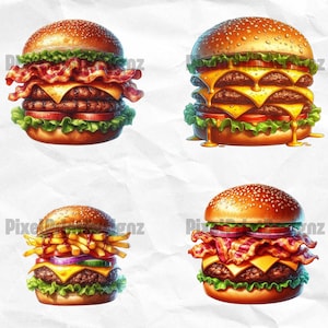 Burger Clipart Bundle, Watercolor High Detail Cheeseburger Graphics ...