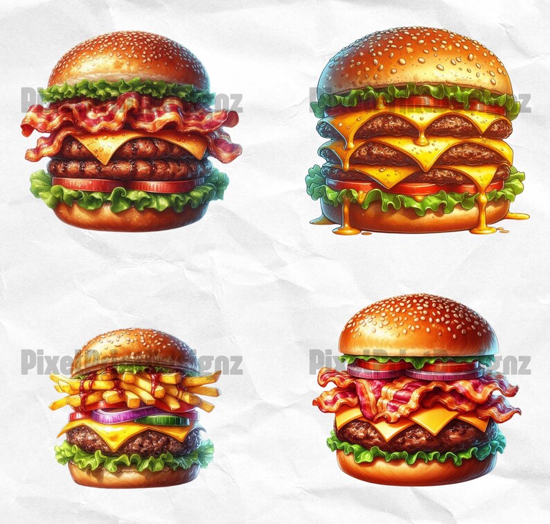 Burger Clipart Bundle, Watercolor High Detail Cheeseburger Graphics ...