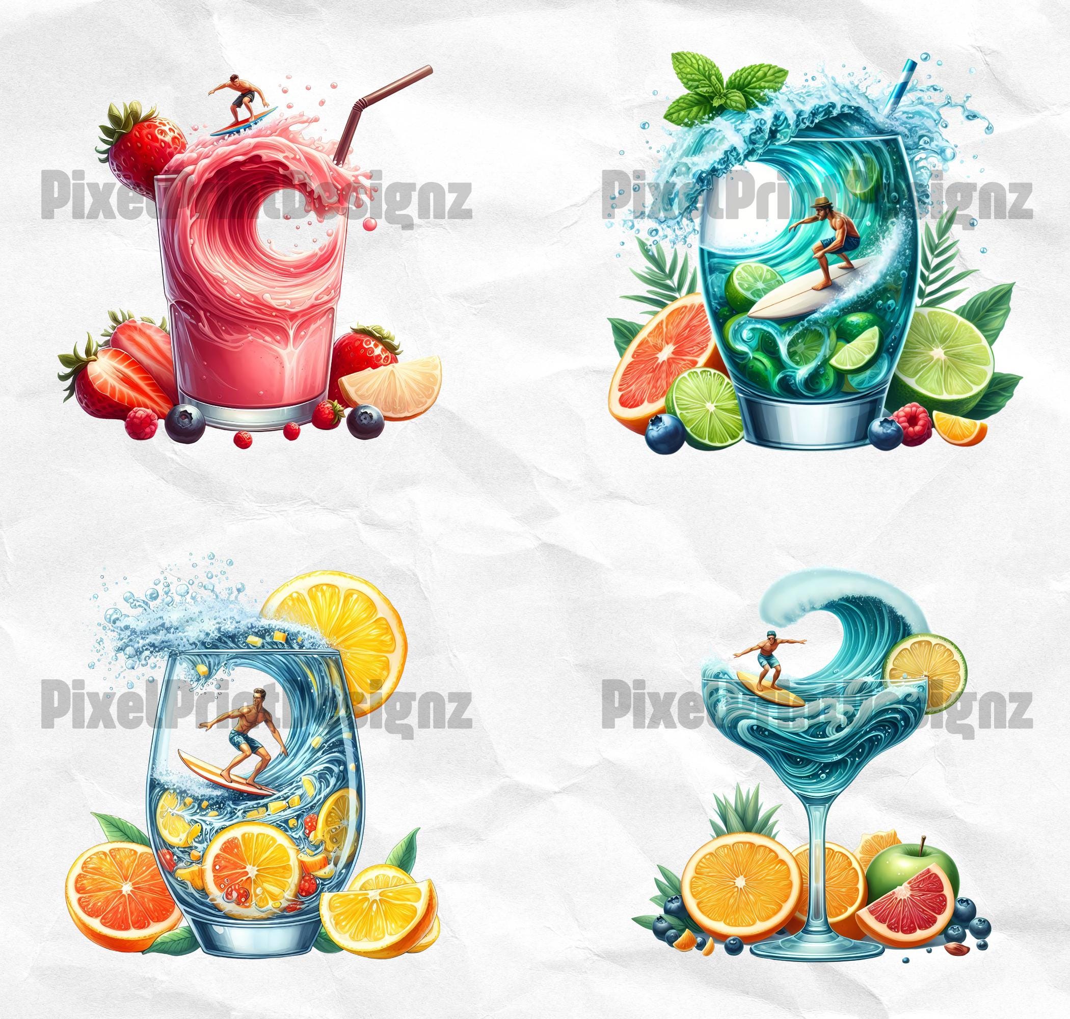 Surfing Summer Cocktails Clipart Bundle, Watercolor Drinks Graphic ...