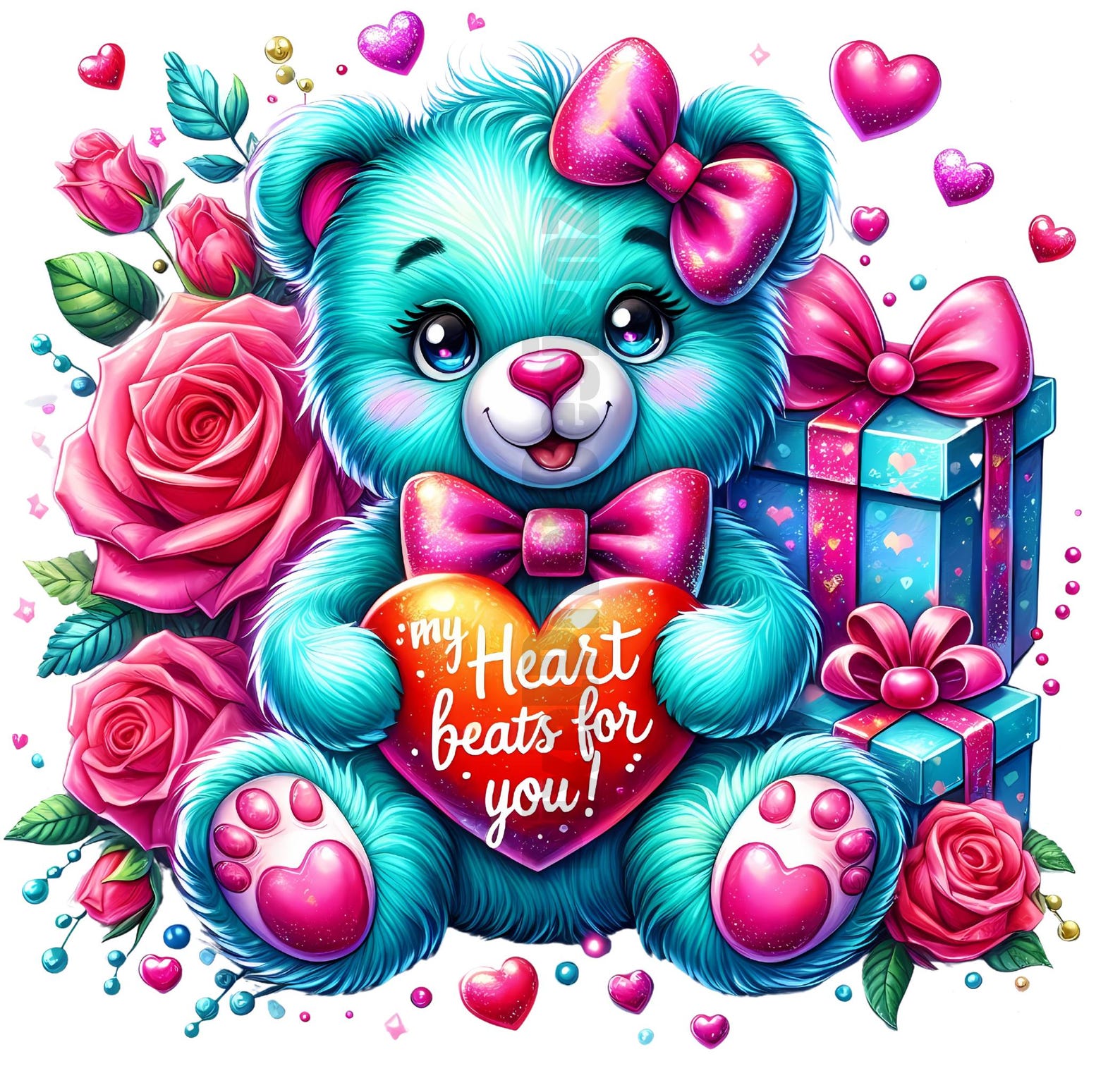Cute Teddy Bear Clipart Love Art Neon Colors Digital Art Valentine ...