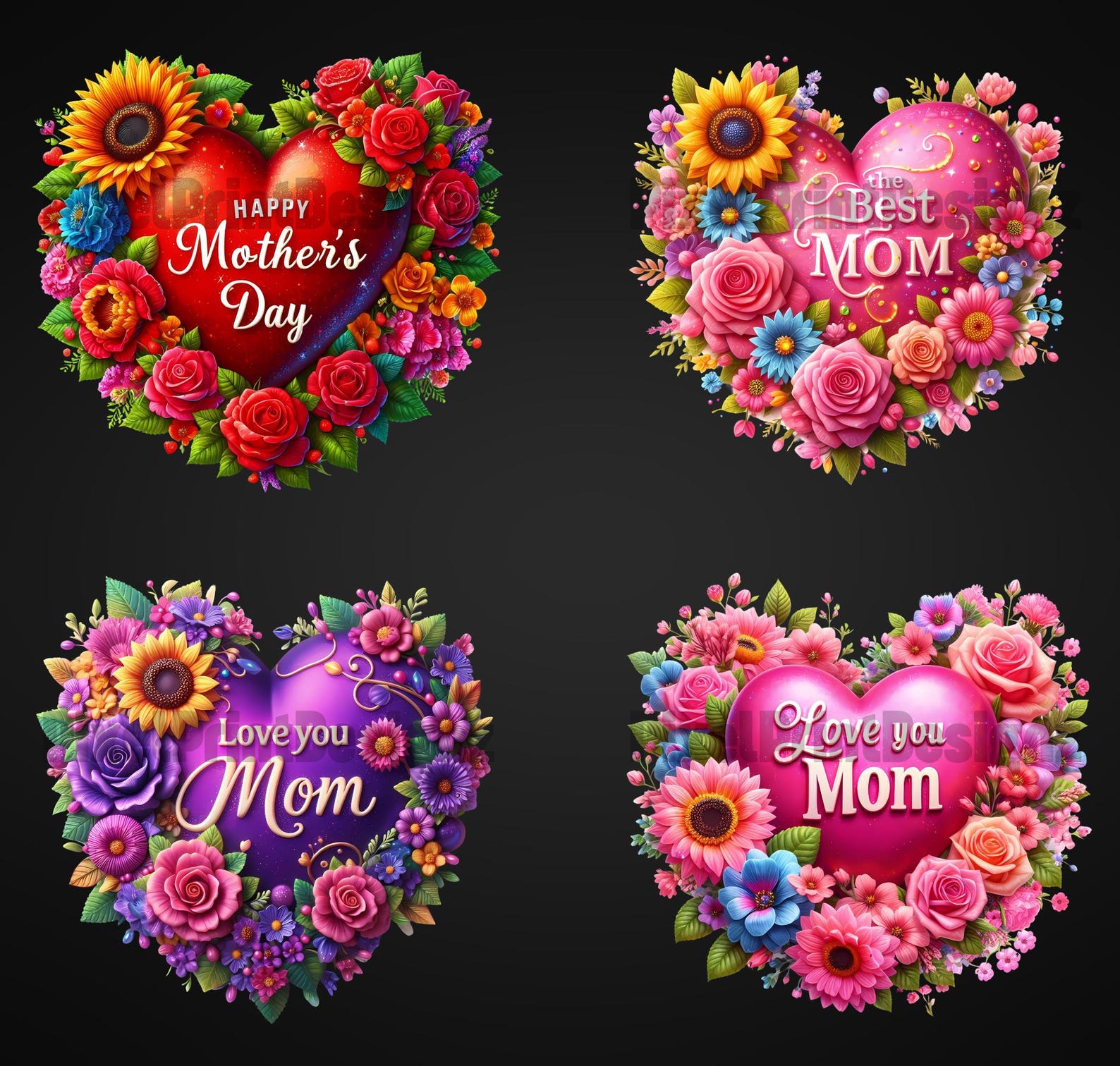Mothers Day Heart Clipart Bundle, Love You Mom Glittery Graphic, 300 ...