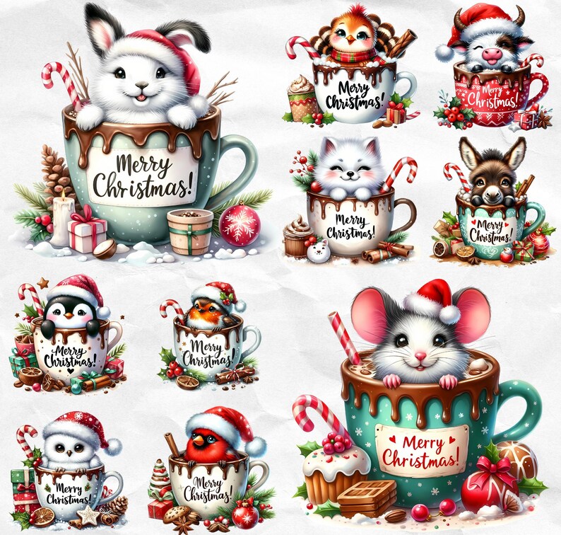30 PNG Animals in Xmas Coca Cups Clipart Bundle, Watercolor Images ...