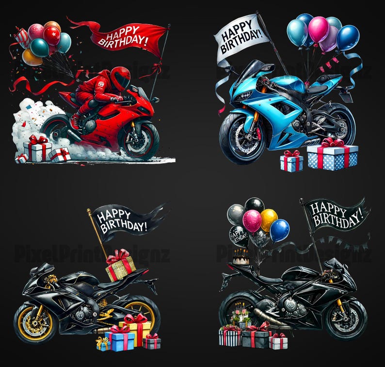 Happy Birthday Sports Motorcycles Clipart Bundle, Transparent ...