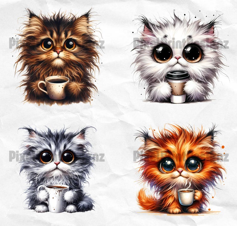 Cute Coffee Cats Clipart Bundle, Adorable Animal Graphics, Watercolor ...