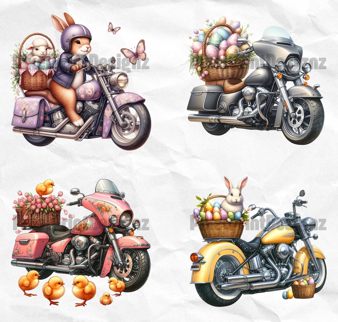 Easter Motorcycle Clipart Bundle, Easter Bunny Biker Graphics, Easter ...