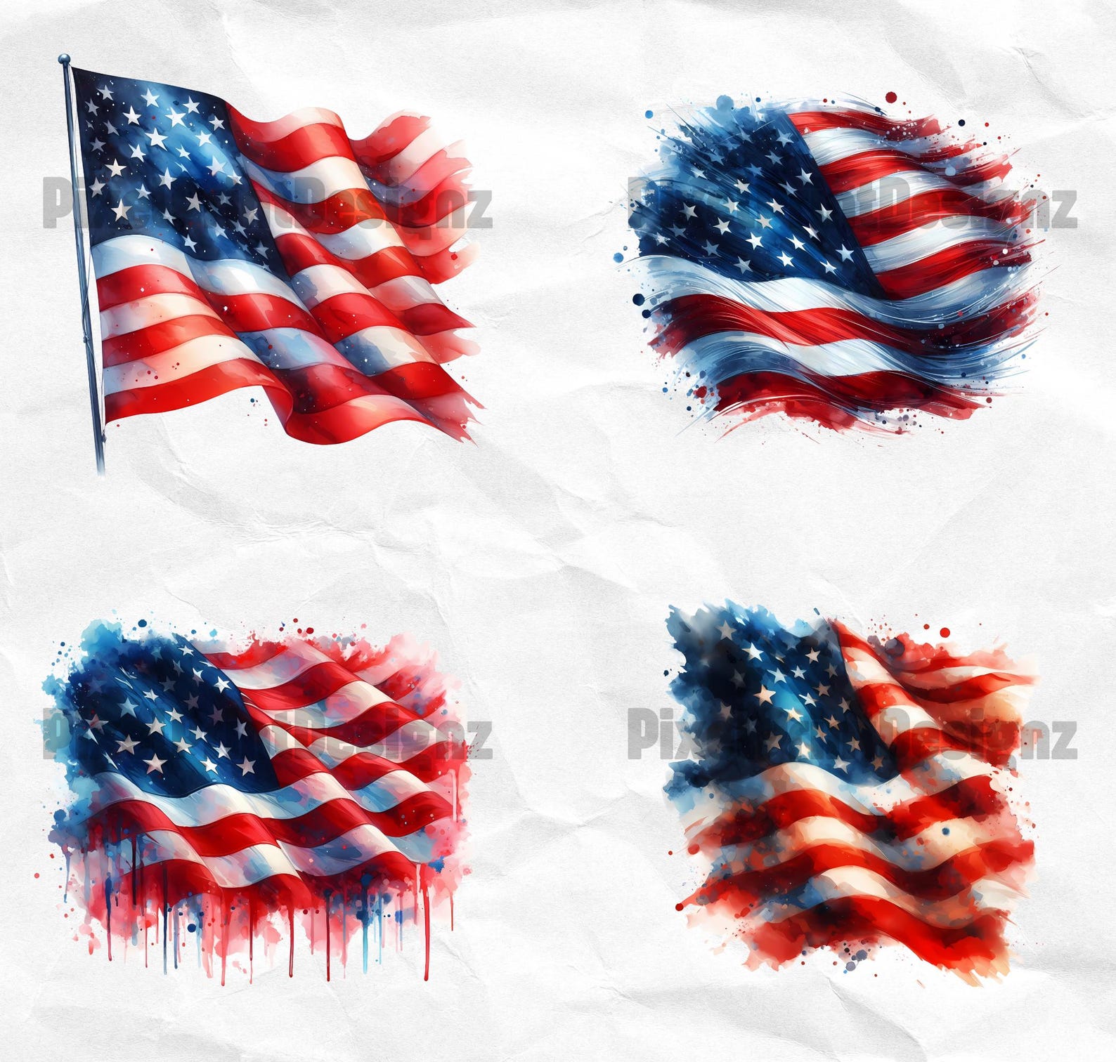 Watercolor American Flag Clipart Bundle American Flag Watercolor Style ...
