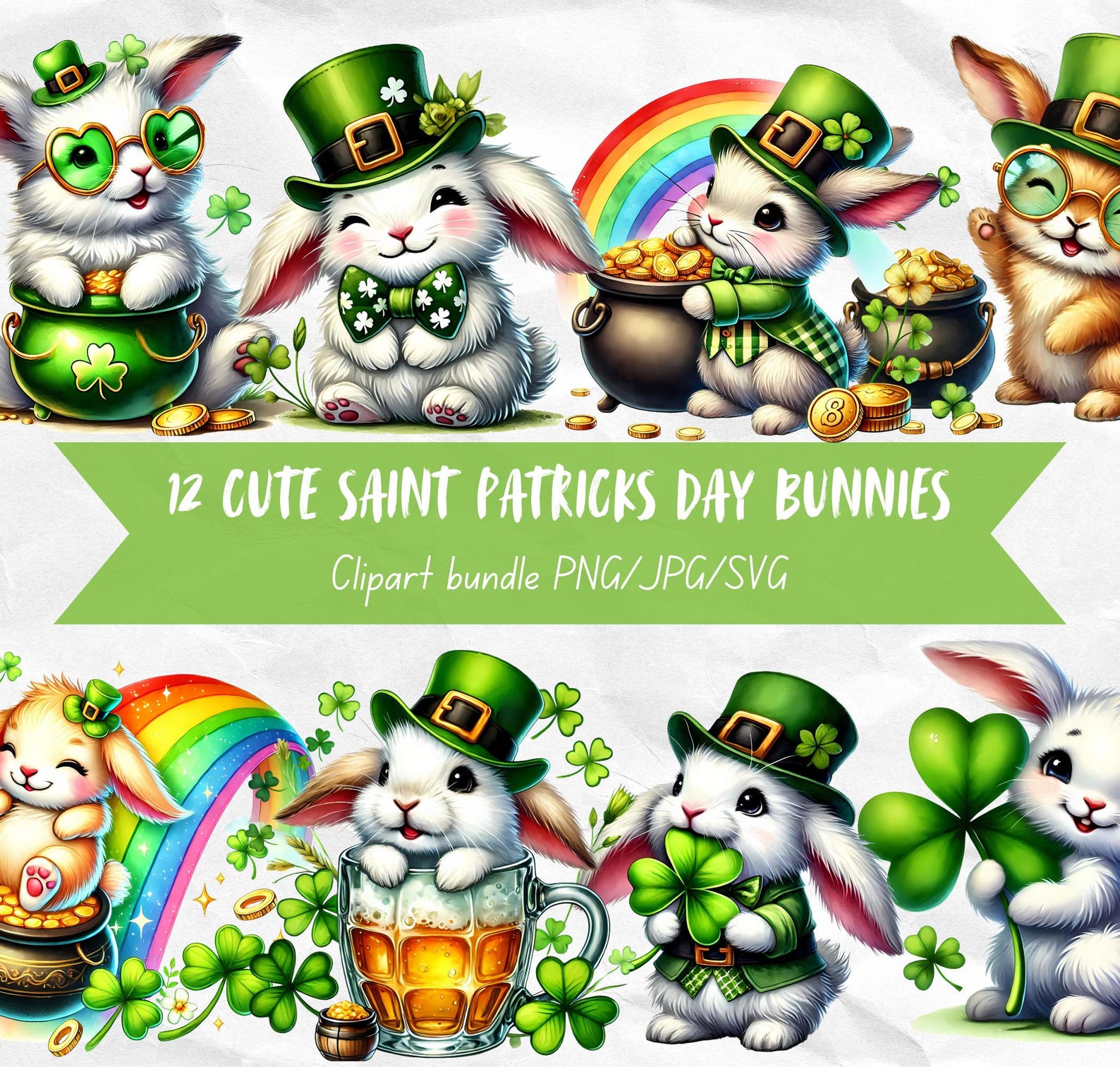 Cute Saint Patricks Day Bunnies Clipart Bundle, Transparent Background ...