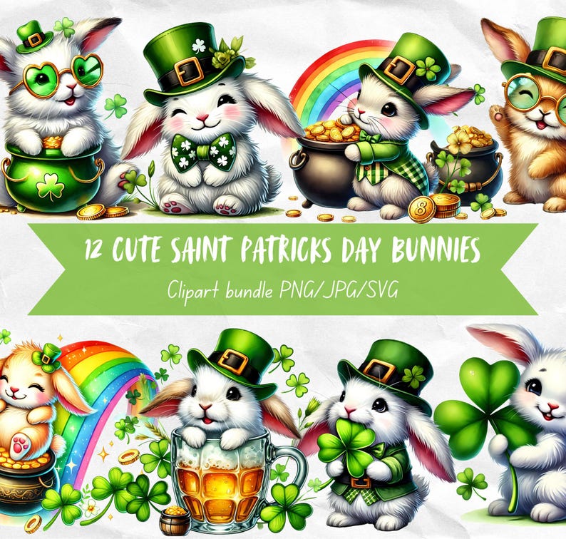 Cute Saint Patricks Day Bunnies Clipart Bundle, Transparent Background ...