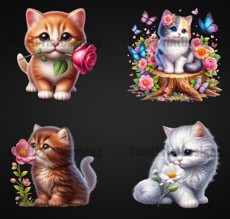 Cute Cat Spring Clipart Bundle Kitten Cute Flower Clipart Spring Cat ...
