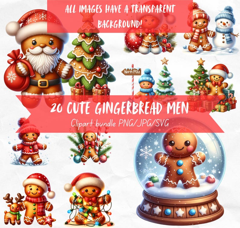 Cute Xmas Gingerbread Clip Art Bundle, Watercolor Images, Transparent ...