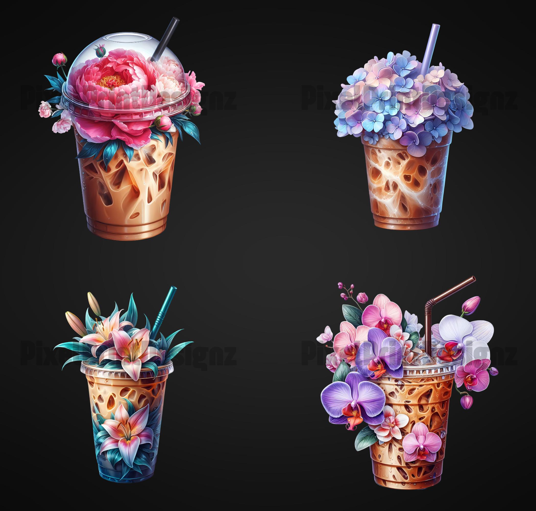 Flower Iced Coffee Cups Clipart Bundle Watercolor Floral Coffee Clip ...