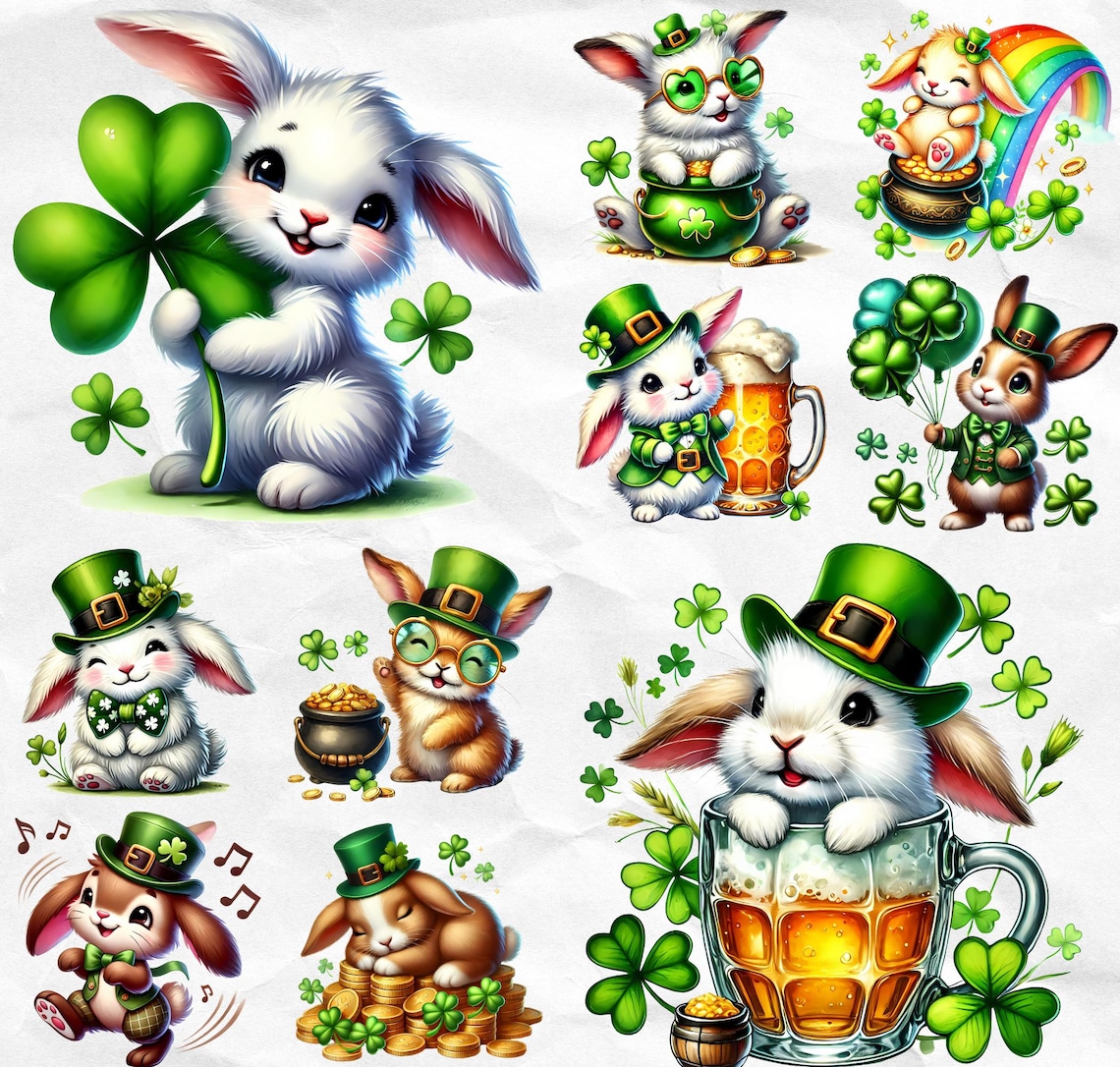 Cute Saint Patricks Day Bunnies Clipart Bundle, Transparent Background ...